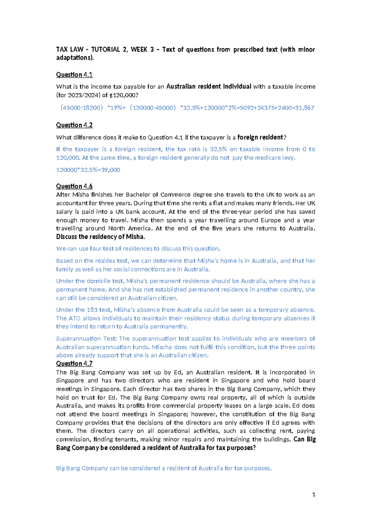 Tutorial 2, Week 3 - Residence and Source - TAX LAW - TUTORIAL 2, WEEK 3 – Text of questions ...
