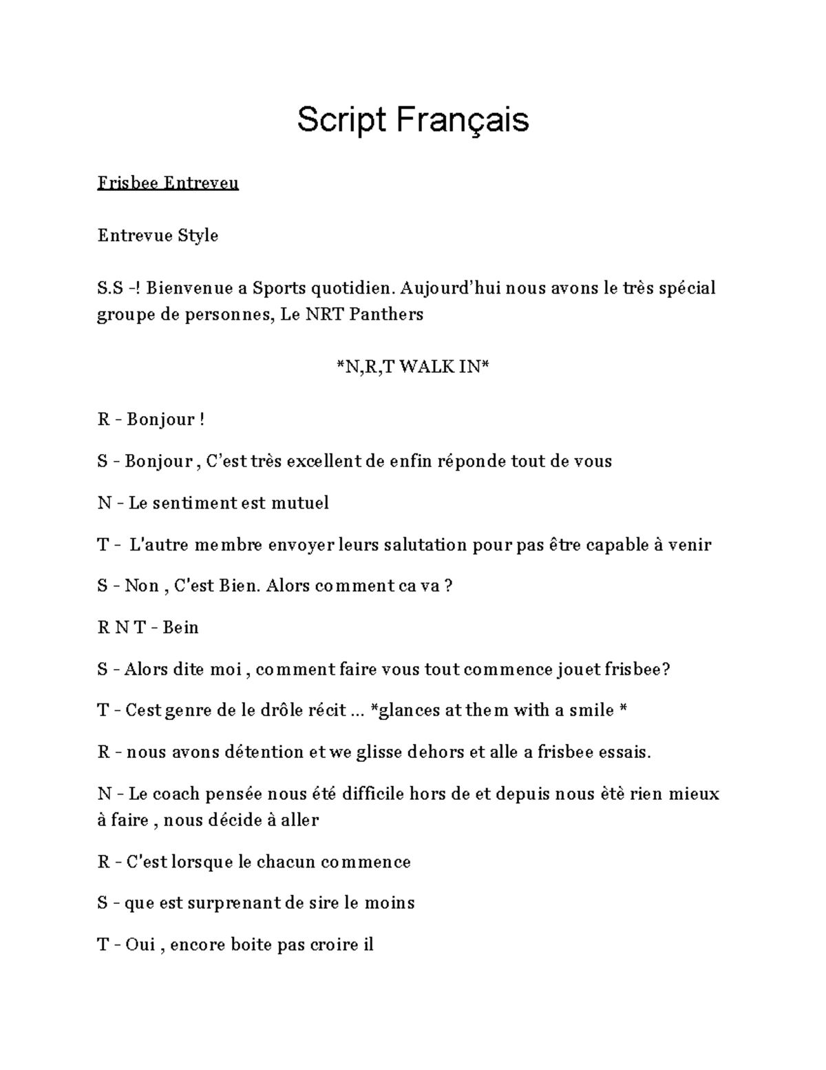 Script Français - Script Français Frisbee Entreveu Entrevue Style S ...