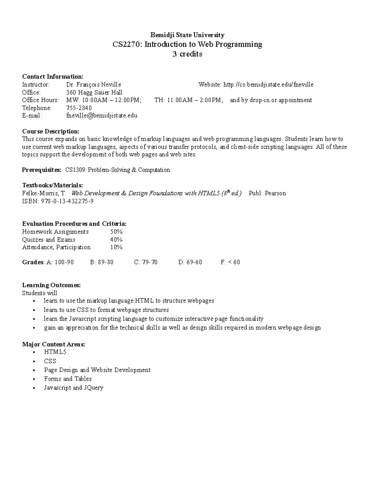 Fn Syllabus 2270WP F18 - Bemidji State University CS2270: Introduction ...