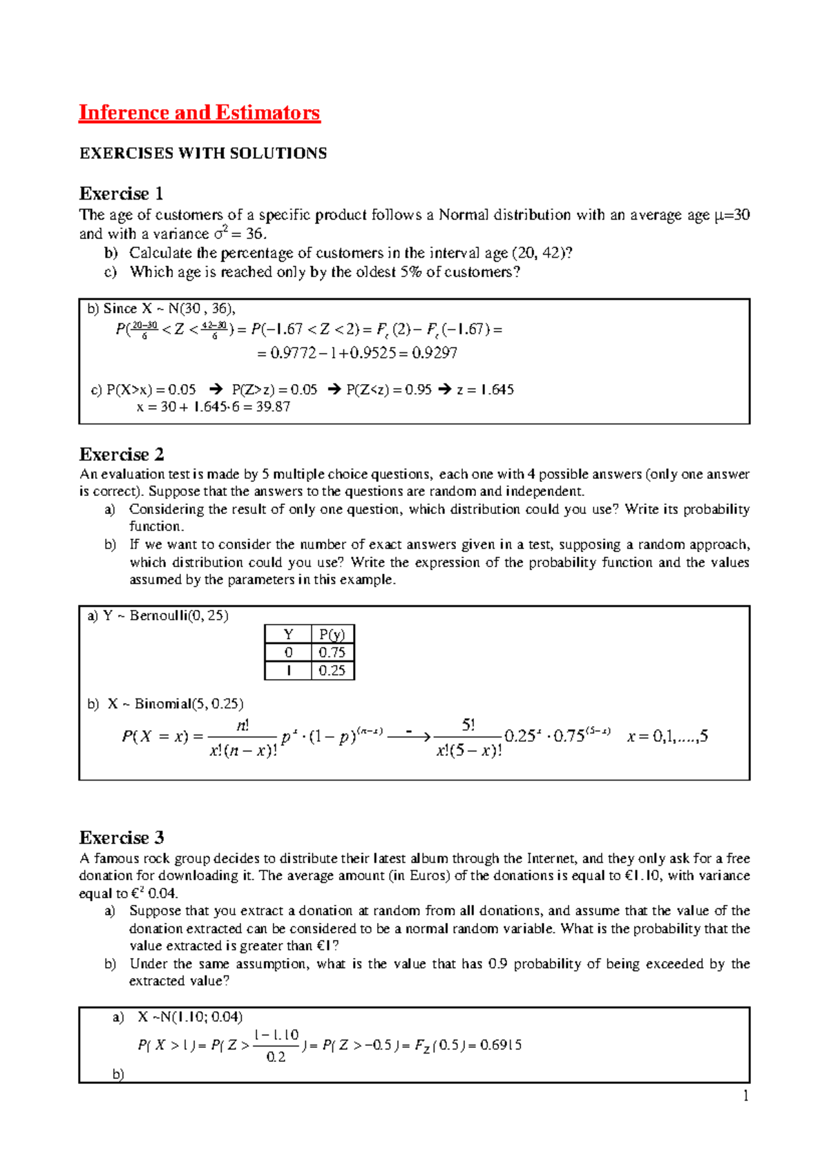 Sessions 11-14 Exercises Probability and Estimators (With Solutions) - Inference and Estimators ...