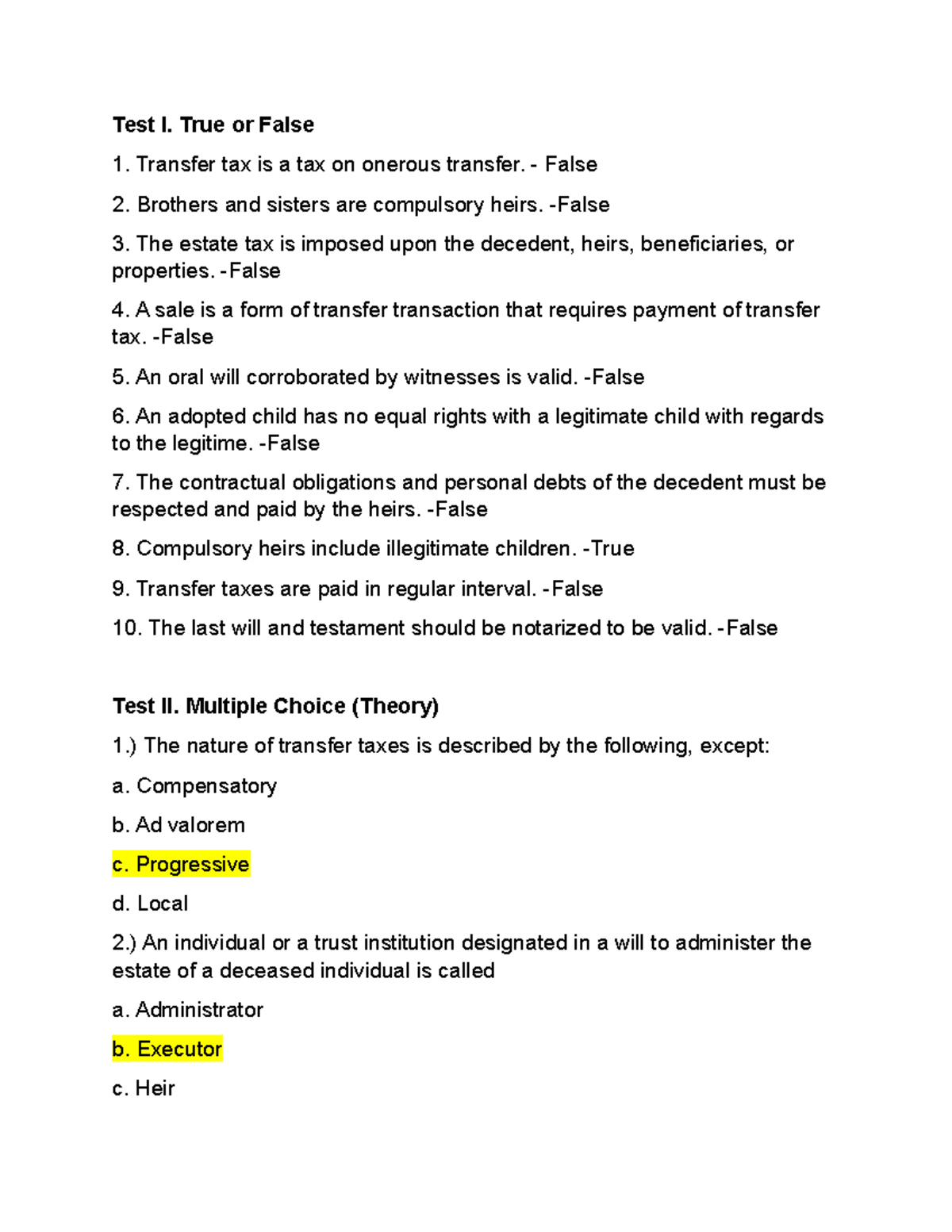 Business and Transfer Taxes - Test I. True or False Transfer tax is a ...