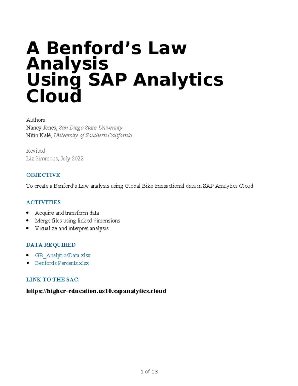 02 Benford Analysis -SAC - A Benford’s Law Analysis Using SAP Analytics Cloud Authors: Nancy ...