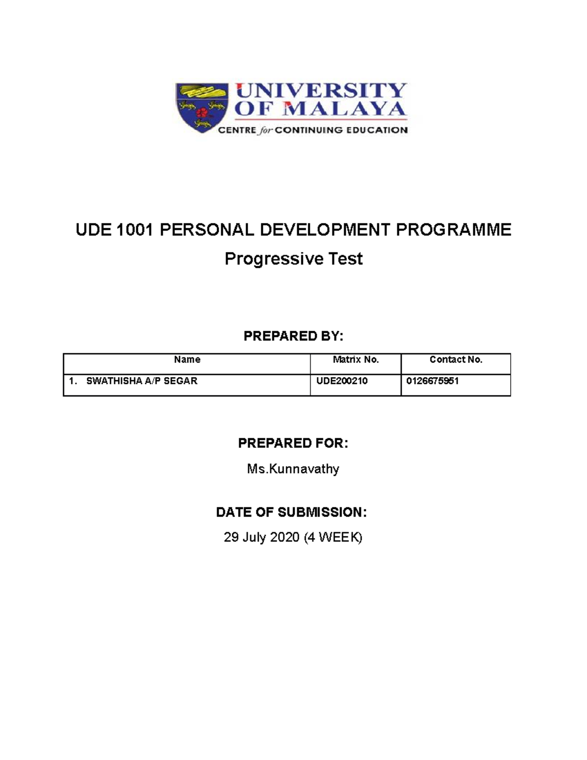 Progressive test - Can do a lot of practice. - UDE 1001 PERSONAL ...