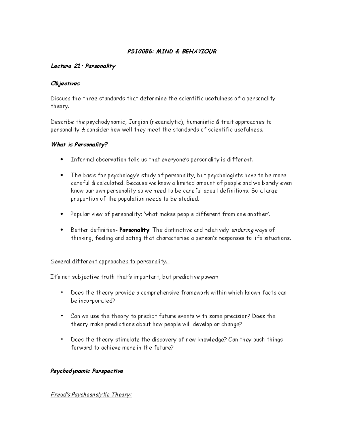 Personality Intro and theories - PS10086: MIND & BEHAVIOUR Lecture 21: Personality - Studocu