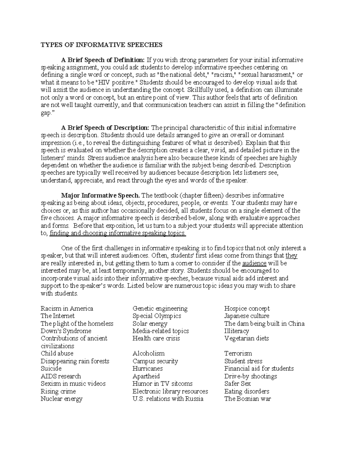 Notes 2 Public Speaking - TYPES OF INFORMATIVE SPEECHES A Brief Speech ...