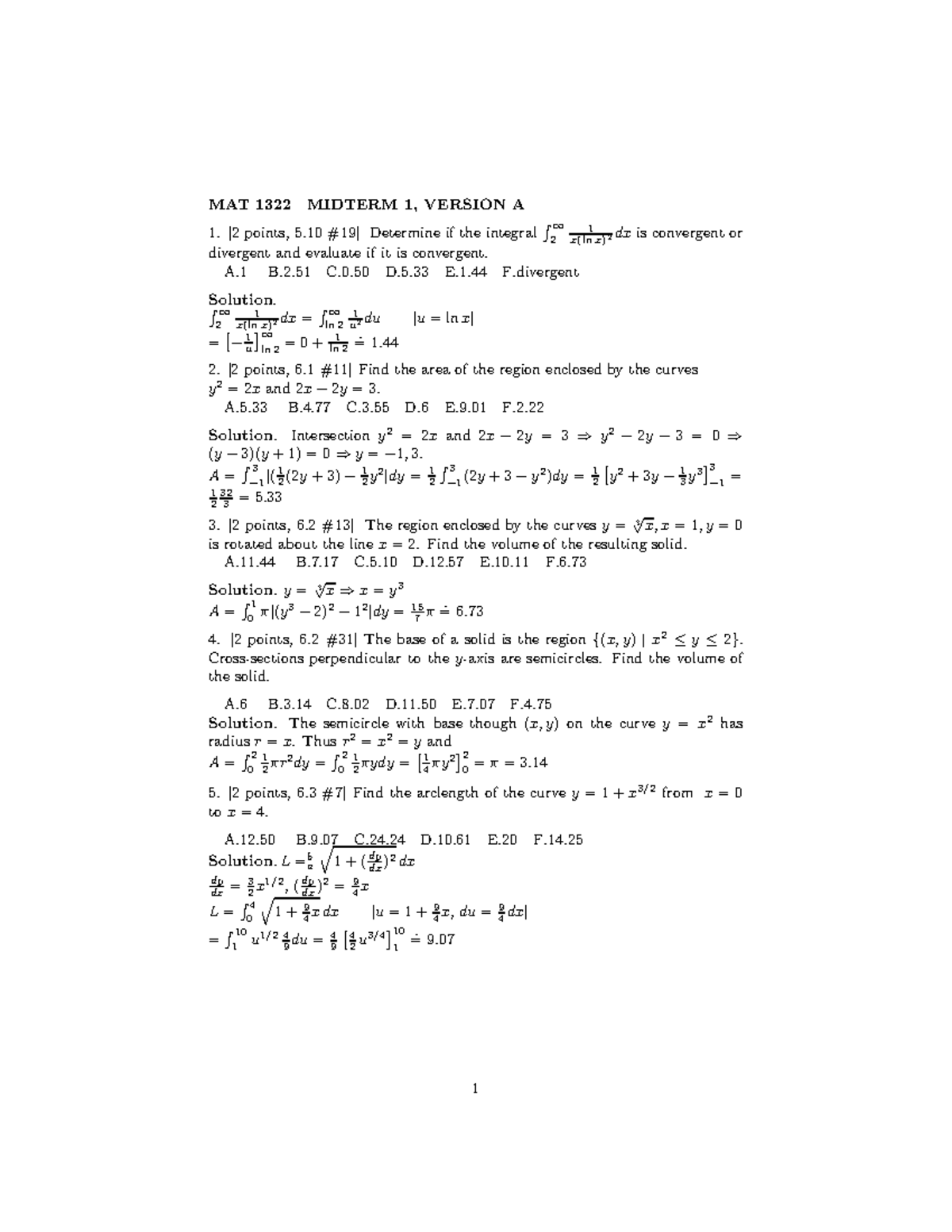 Practise-midterm 1 - midterm - MAT 1322 MIDTERM 1, VERSION A [2 points, 5 #19] Determine if the ...