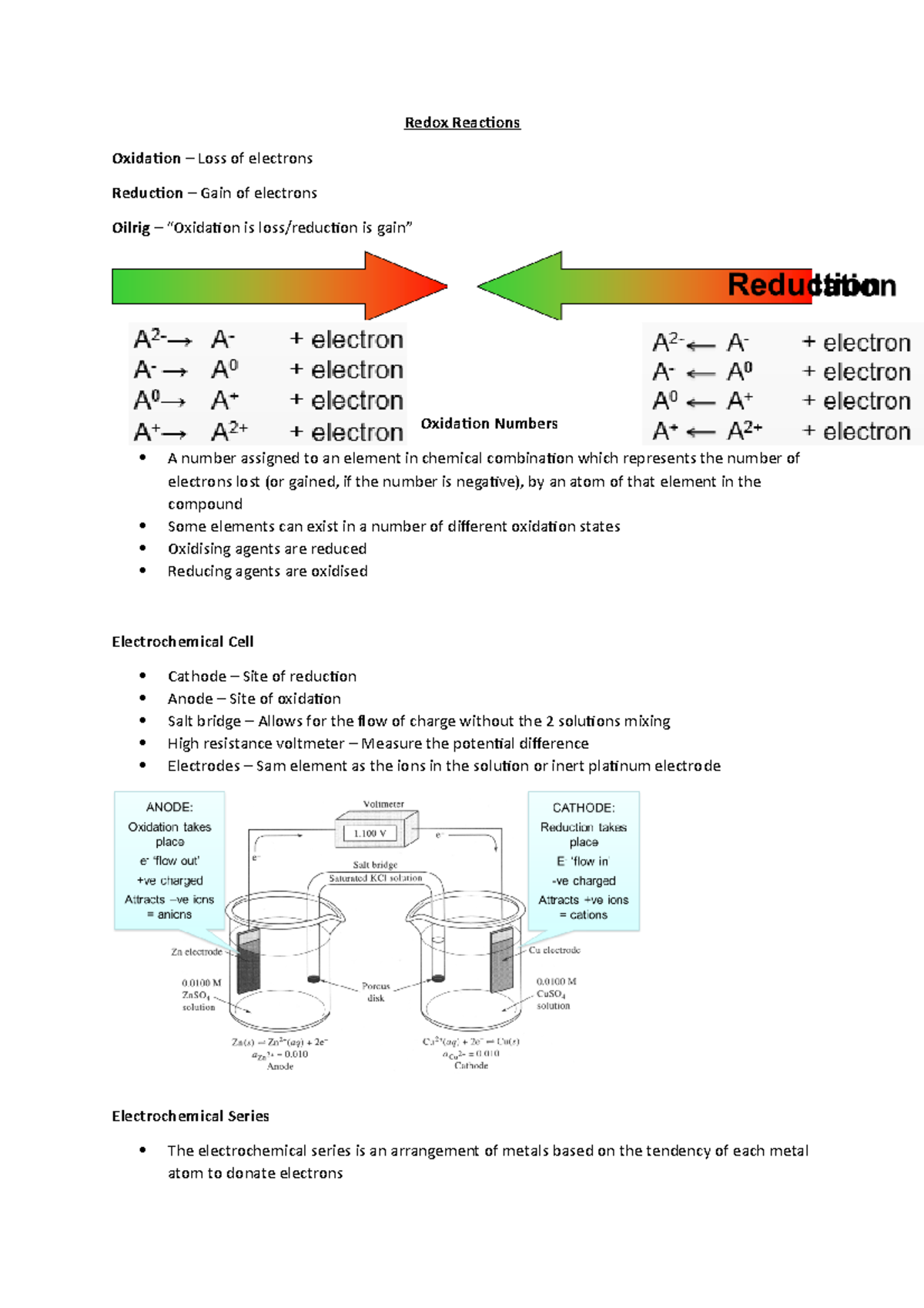 Redox Reactions - Lecture notes 1 - Redox Reactions Oxidation – Loss of ...