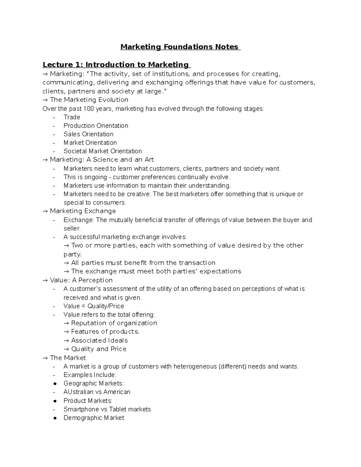 MF Notes - Marketing Foundations Notes Lecture 1: Introduction to ...