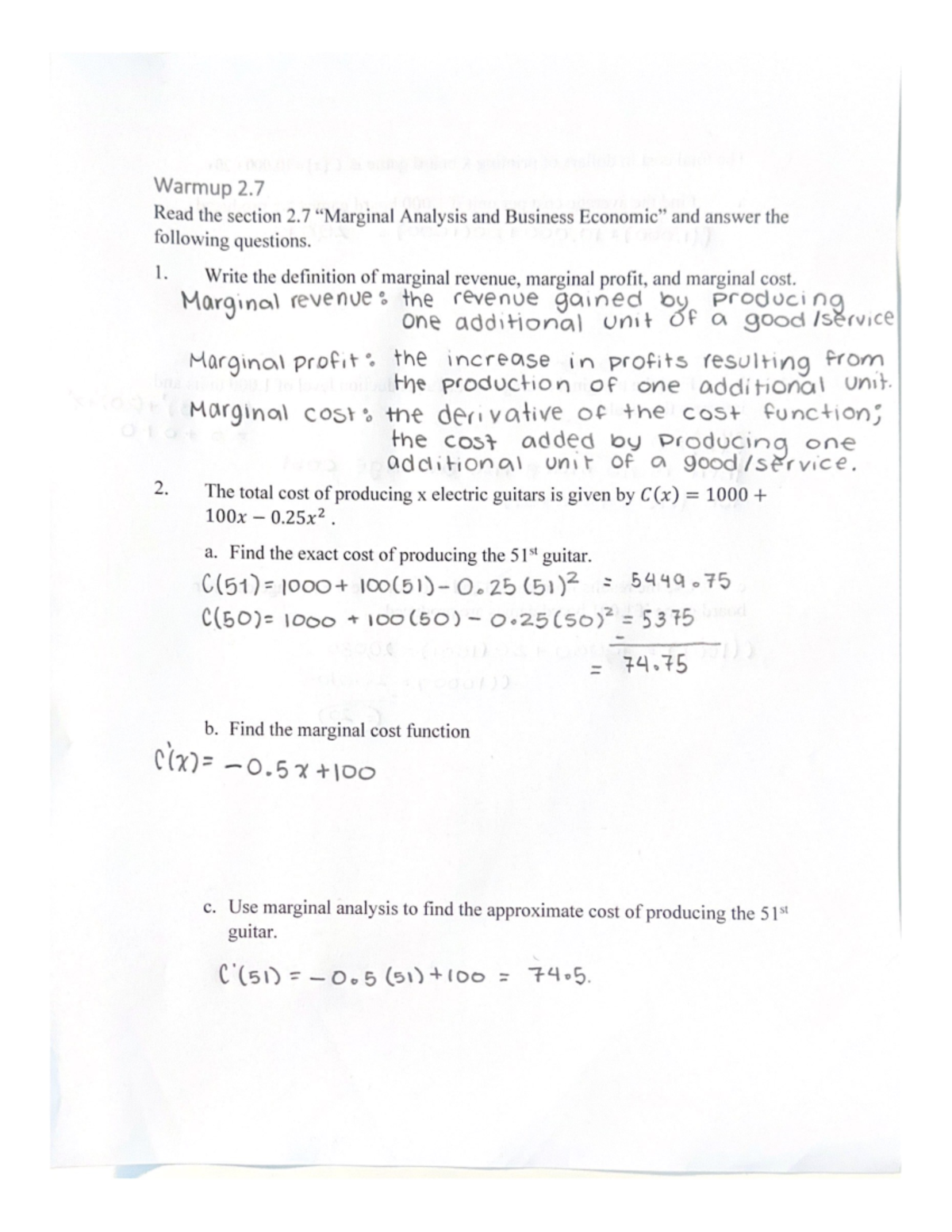 Warmup 2 - Marginal Analysis And Business Economic Questions - MAC 2233 ...