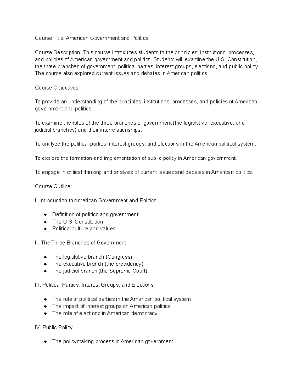 GOV-140 Course Summary - Course Title: American Government and Politics ...