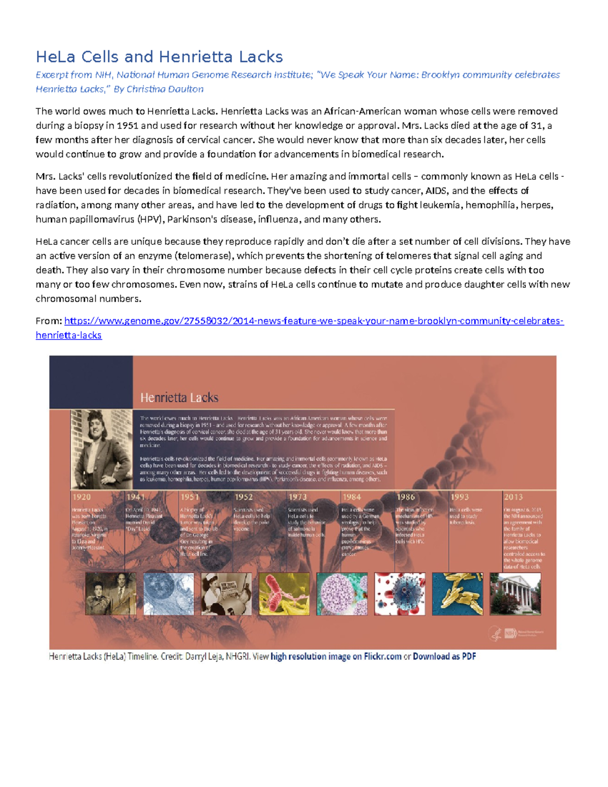 Henrietta article - xxxx - HeLa Cells and Henrietta Lacks Excerpt from ...