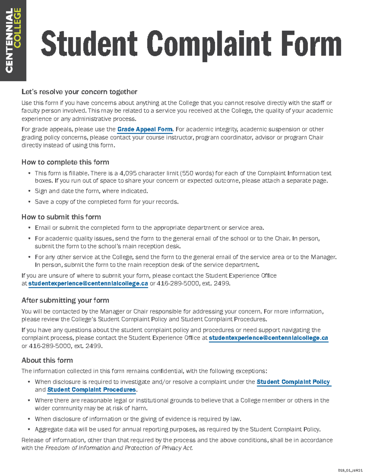 Student Complaint Form - D18_01_JUN Student Complaint Form Let’s ...