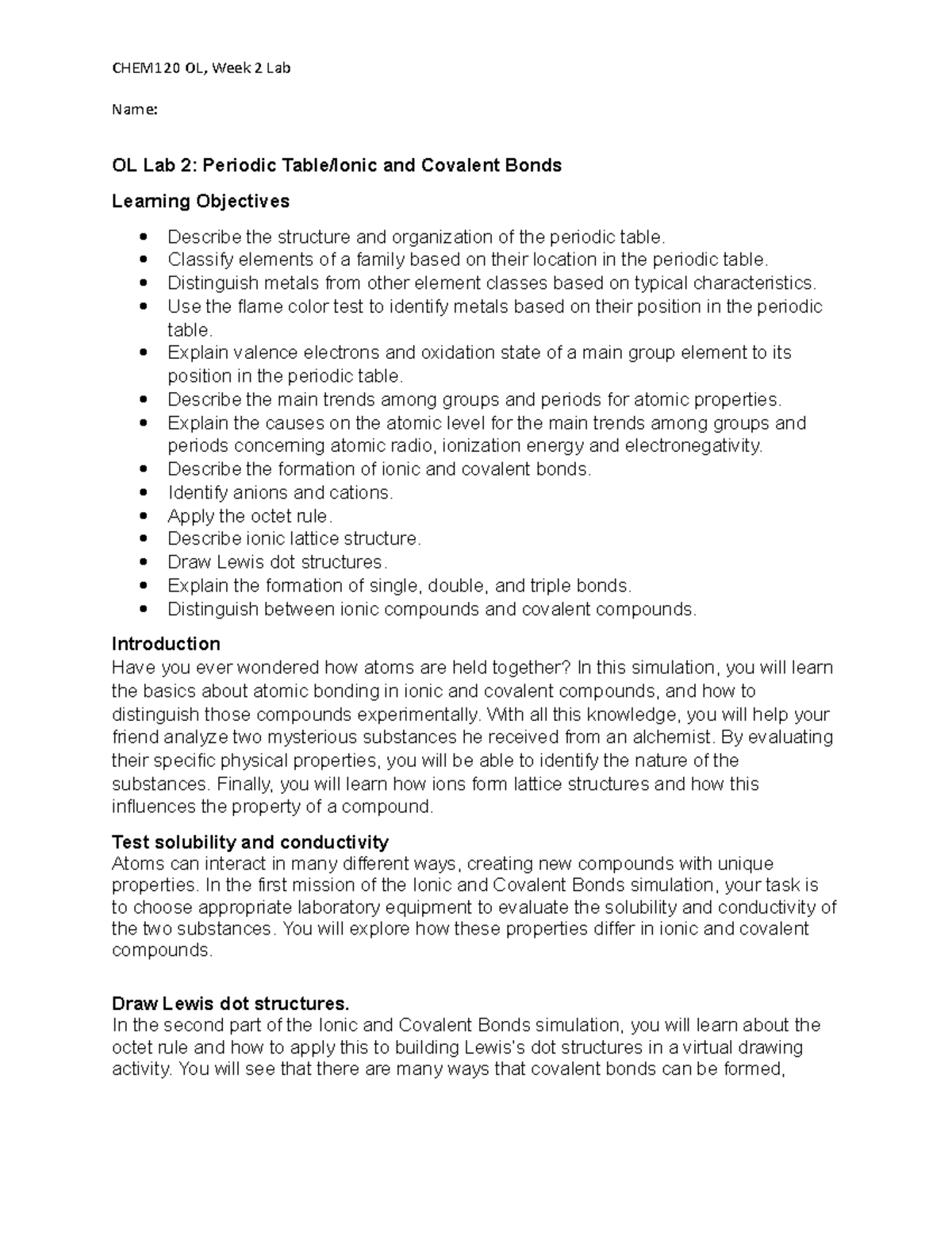 Lab - lab - Name: OL Lab 2: Periodic Table/Ionic and Covalent Bonds ...