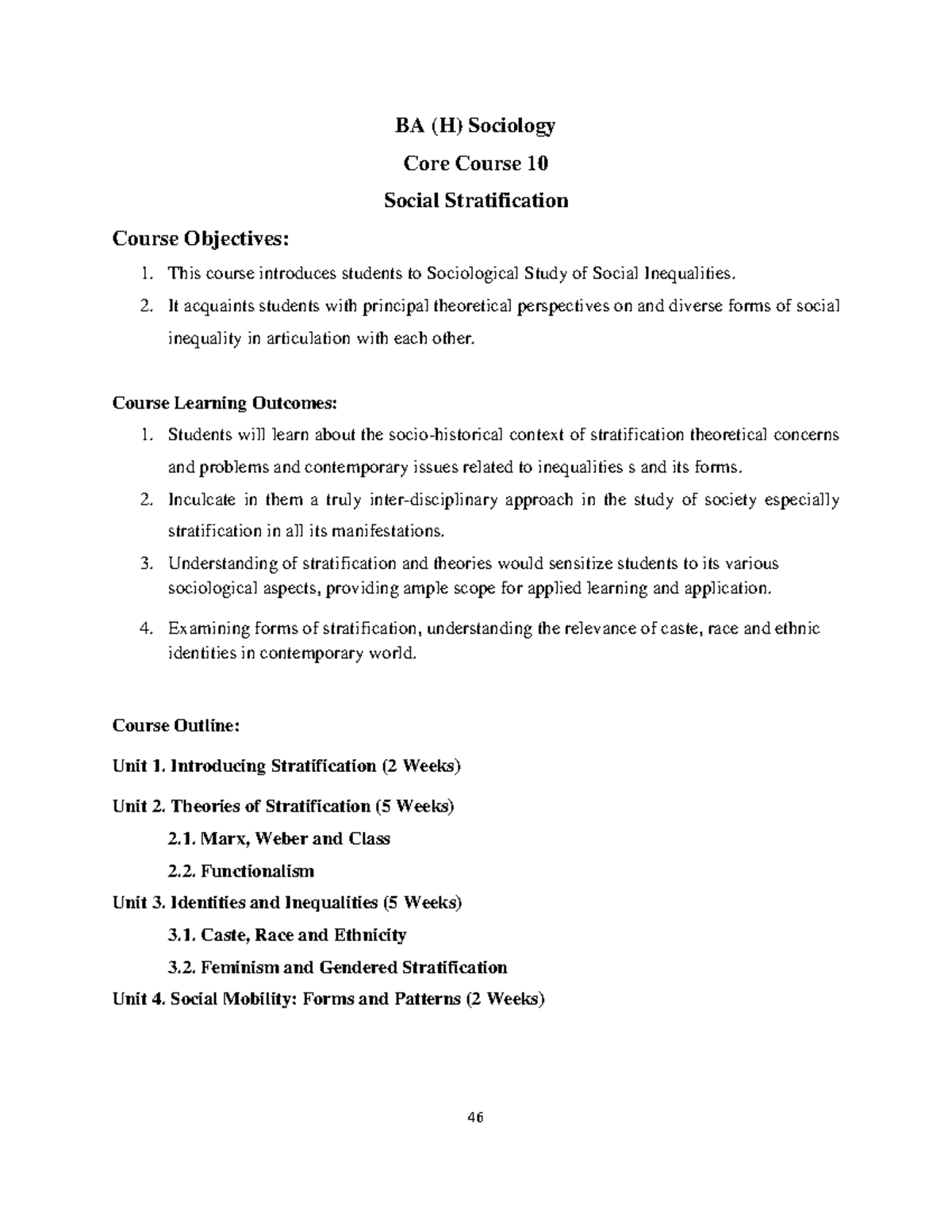 Syllabus - BA (H) Sociology Core Course 10 Social Stratification Course ...