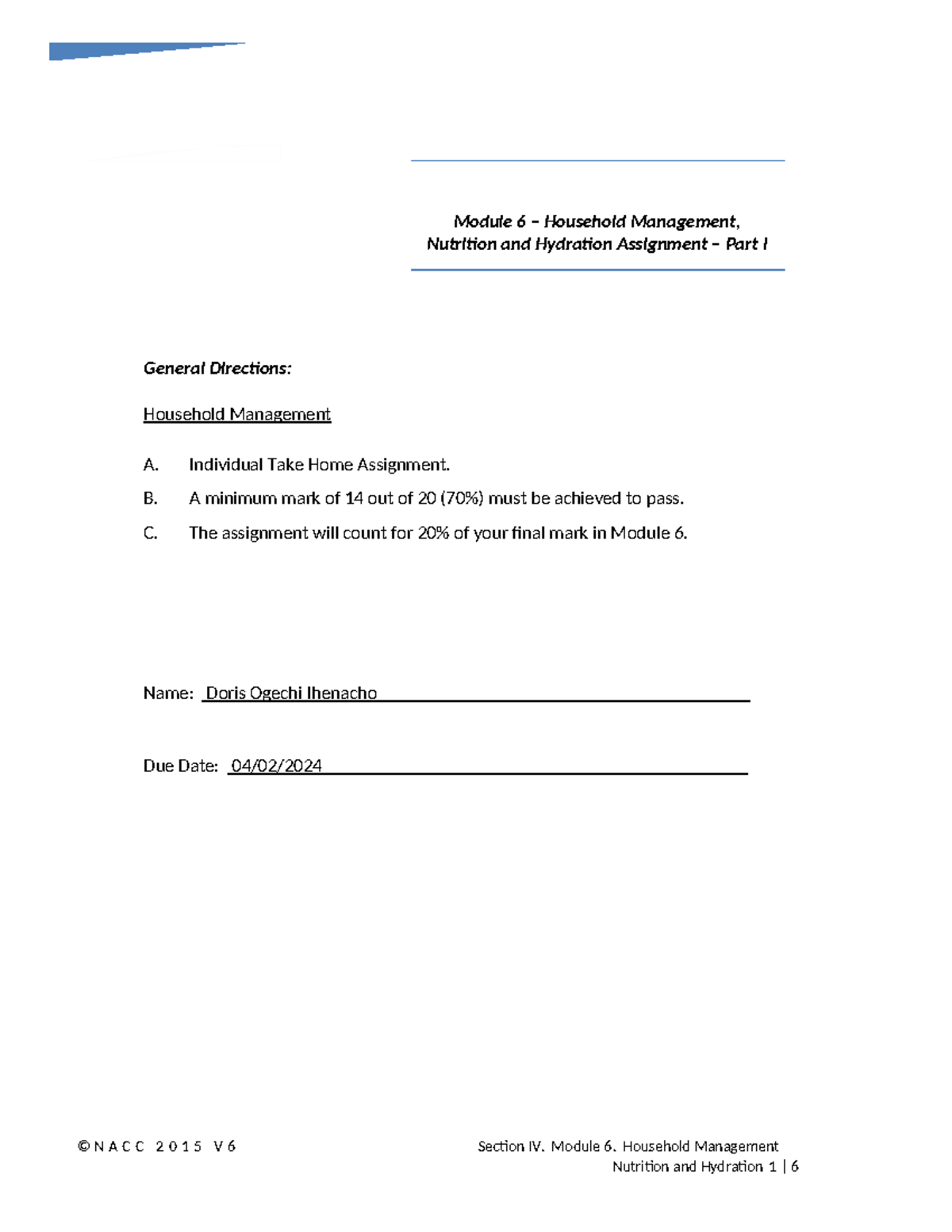 IV-7 Assigmt - Module 6 Household Management - © N A C C 2 0 1 5 V 6 ...