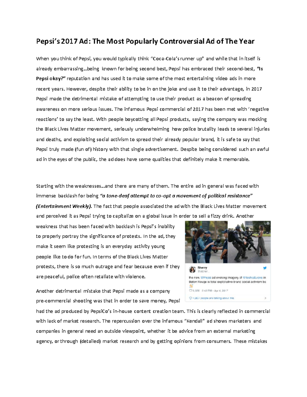 Pepsi AD Essay - ... - Pepsi’s 2017 Ad: The Most Popularly ...