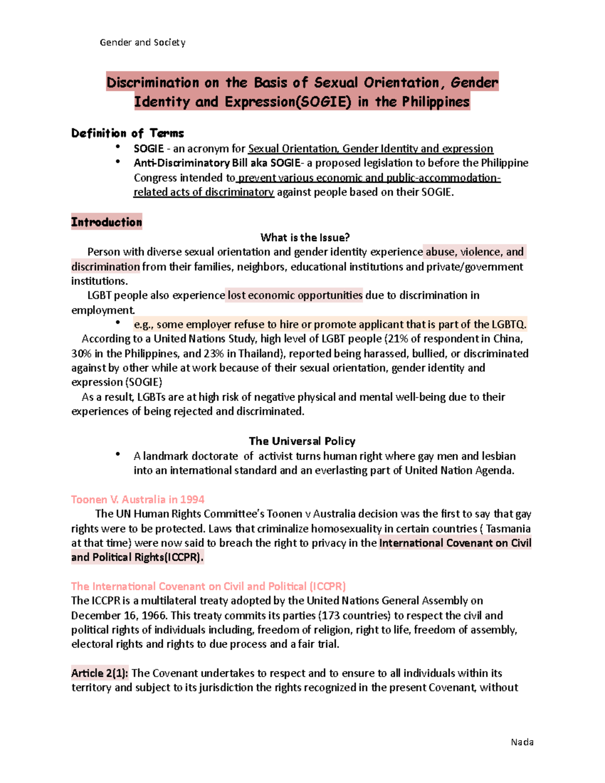 Summary of Discrimination on the Basis of Sexual Orientation - Gender ...