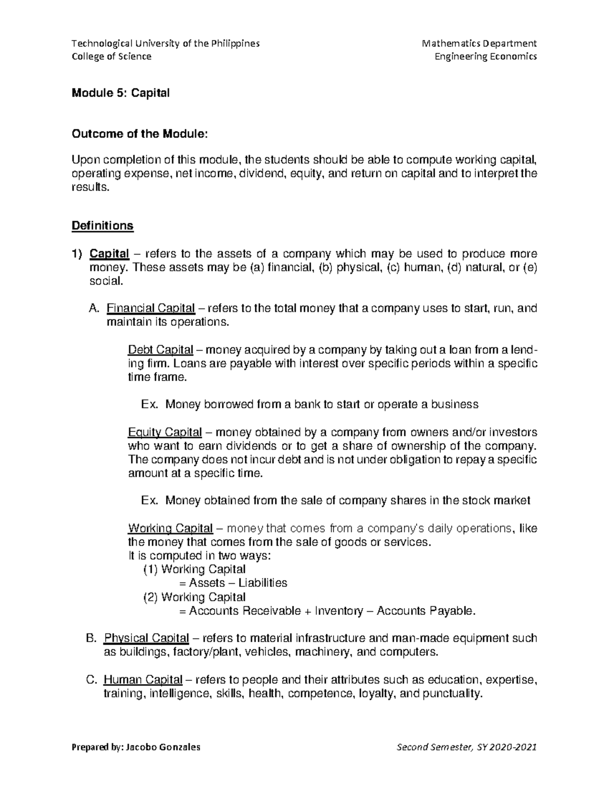 Eng Eco-Module 5-JOG - College of Science Engineering Economics Module ...
