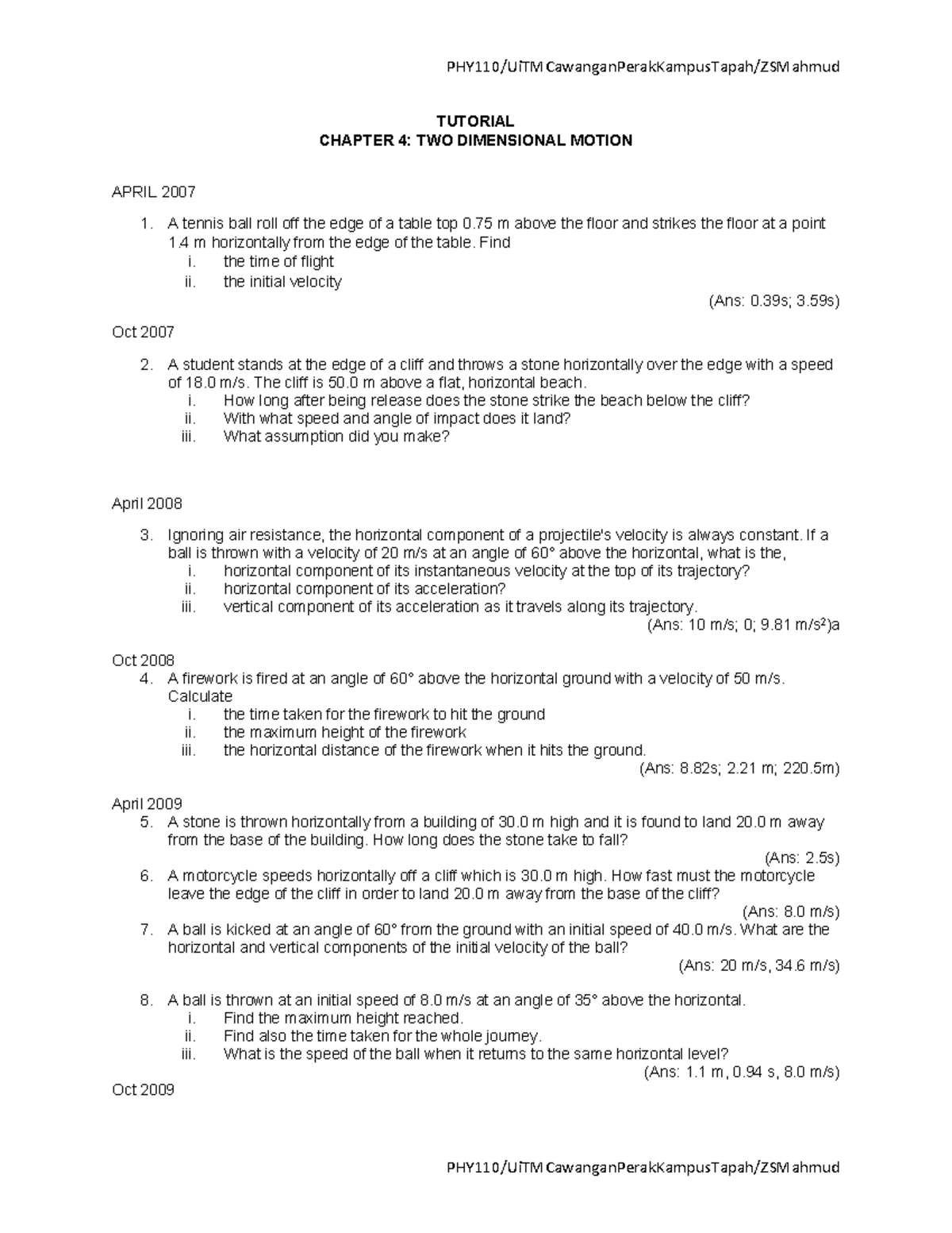 Tutorial Chapter 4 - TUTORIAL CHAPTER 4: TWO DIMENSIONAL MOTION APRIL ...
