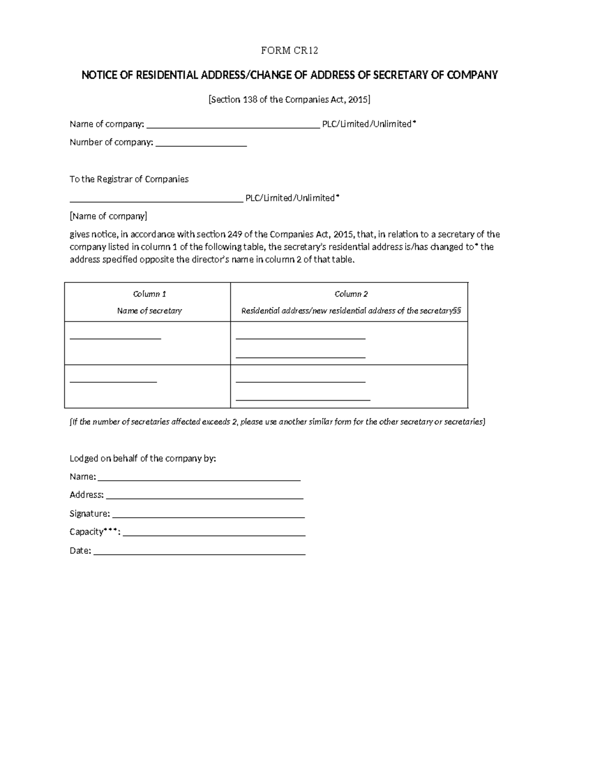 CR12 - FORM CR NOTICE OF RESIDENTIAL ADDRESS/CHANGE OF ADDRESS OF ...