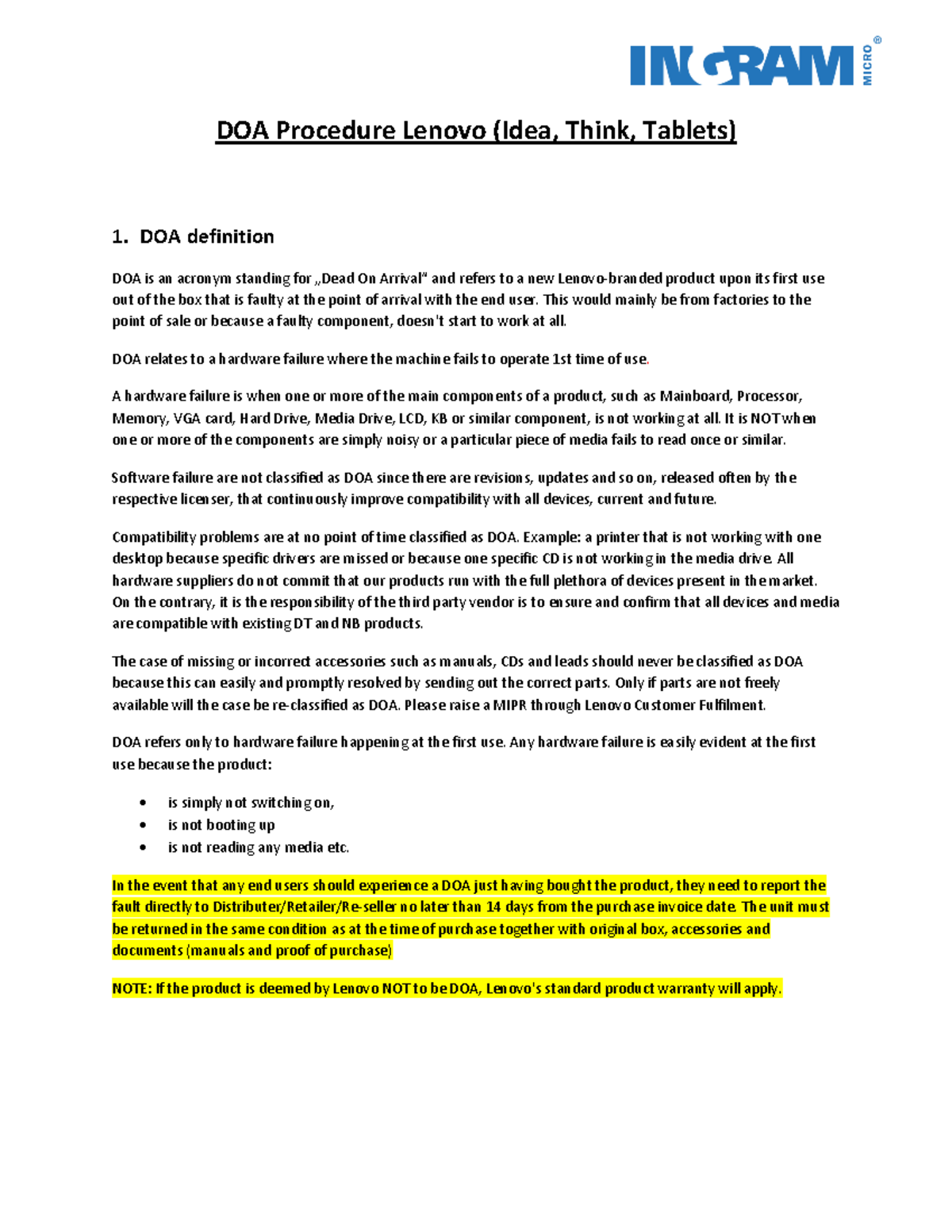 DOA-Procedure-Lenovo - DOA Procedure Lenovo (Idea, Think, Tablets) 1 ...