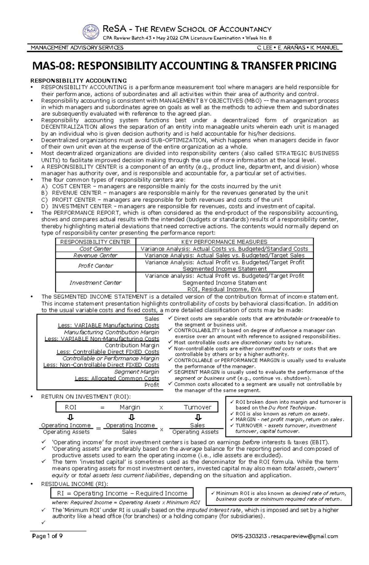 MAS-08 (Responsibility Accounting & Transfer Pricing) - ReSA - THE ...