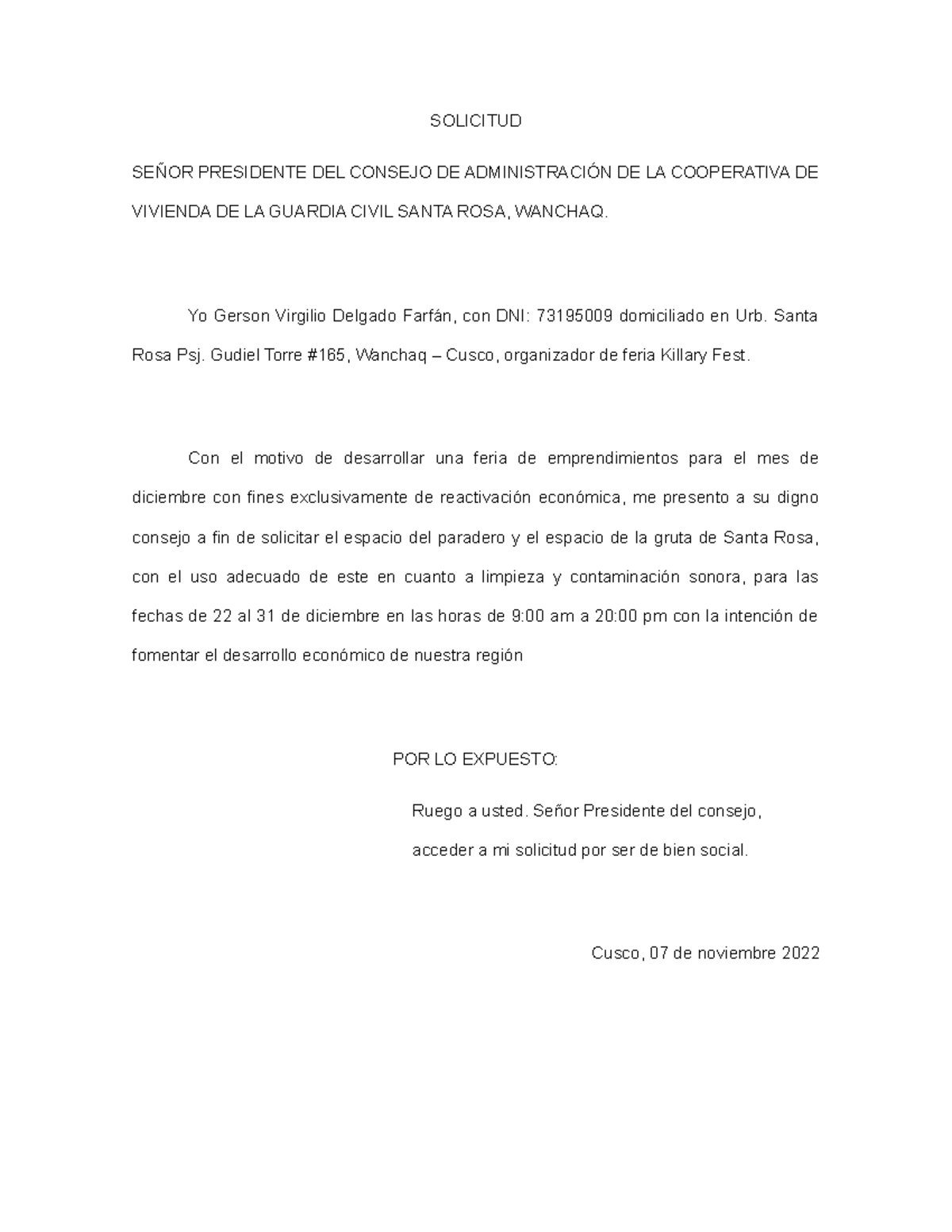 Solicitud - SOLICITUD SEÑOR PRESIDENTE DEL CONSEJO DE ADMINISTRACIÓN DE ...