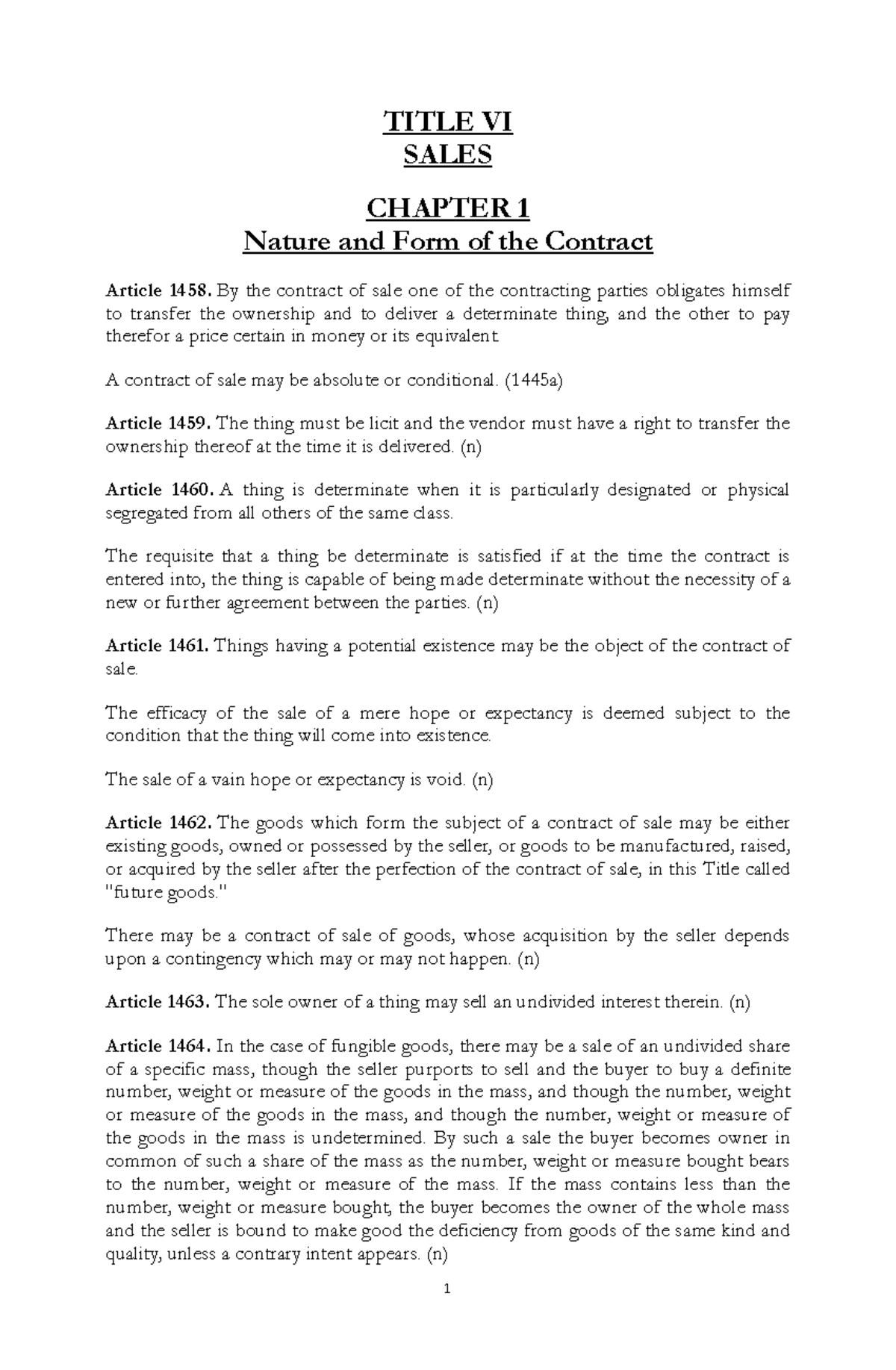 LAW ON Sales (ARTS. 1458-1623, Civil CODE) - TITLE VI SALES CHAPTER 1 ...