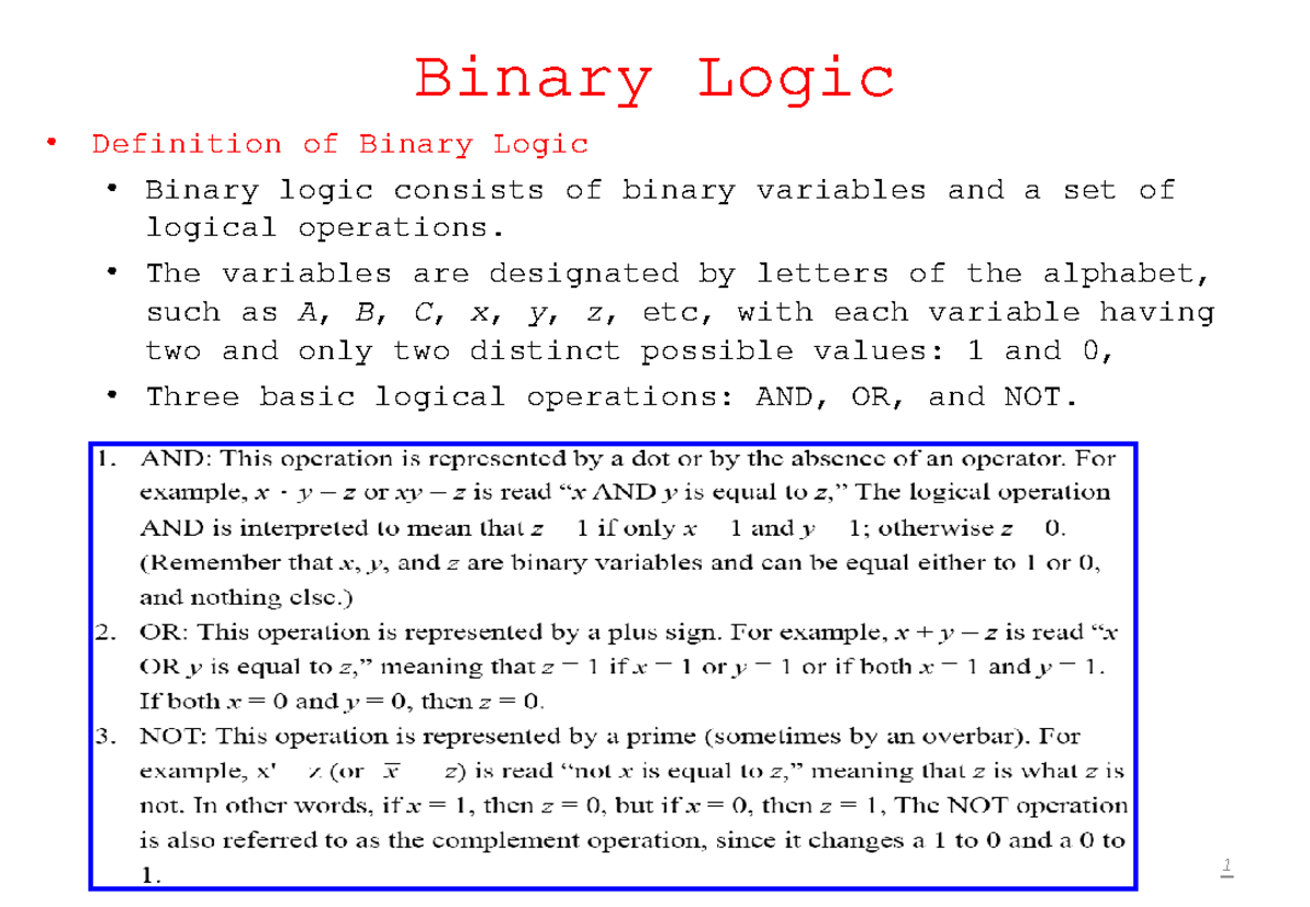 Part Two Binary Logic Definition Of Binary Logic Binary Logic Consists Of Binary Variables And