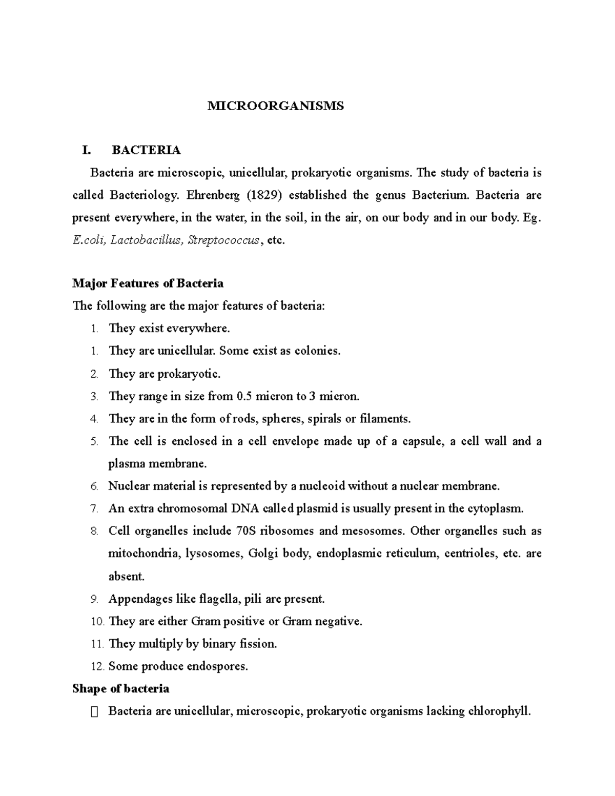 Microbiology sem 4 - MICROORGANISMS I. BACTERIA Bacteria are ...