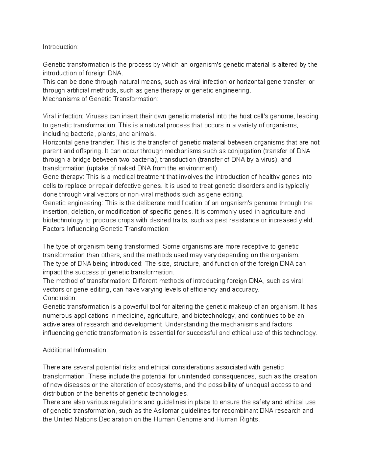 Study guide - Introduction: Genetic transformation is the process by ...