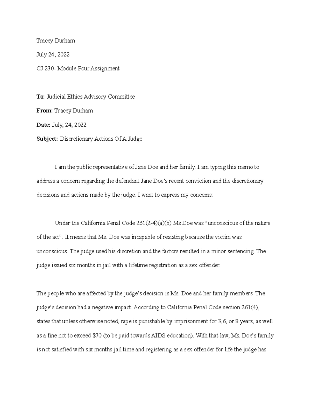 Module four assignment cj 230 - Tracey Durham July 24, 2022 CJ 230 ...