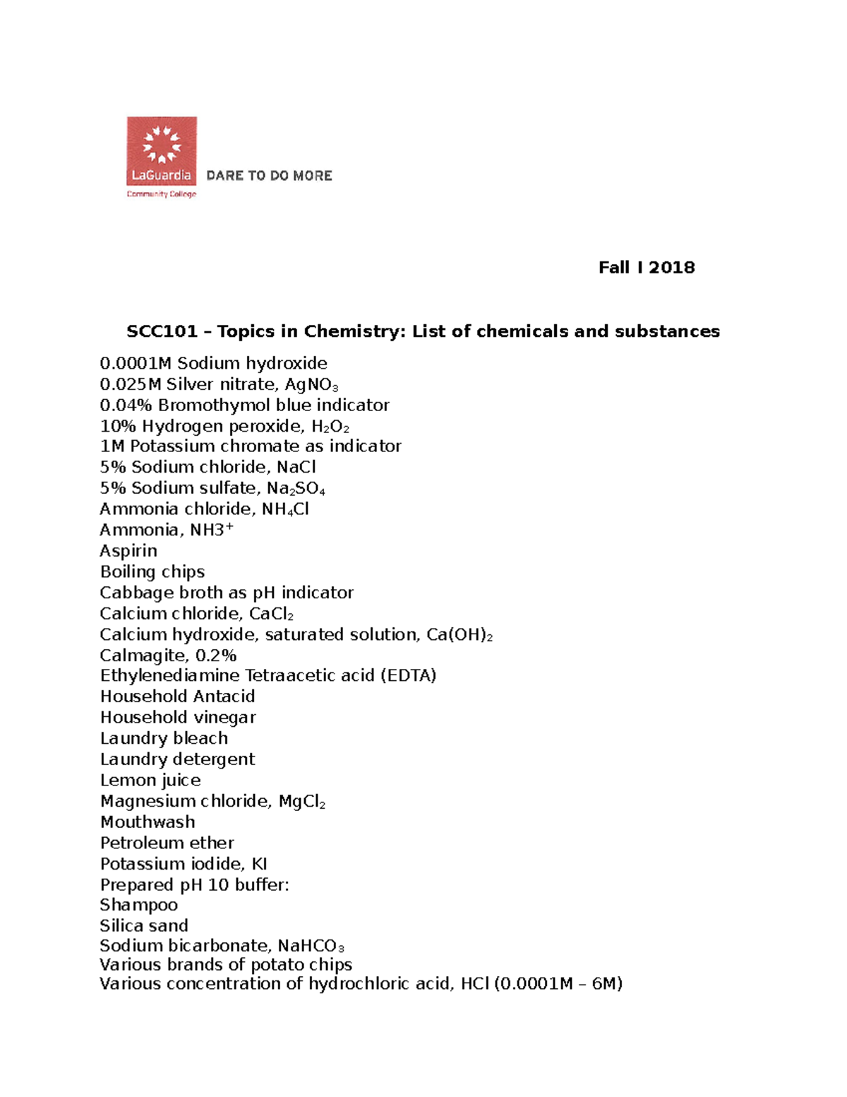 SCC101 List of chemicals and substances - Fall I 2018 SCC101 – Topics ...