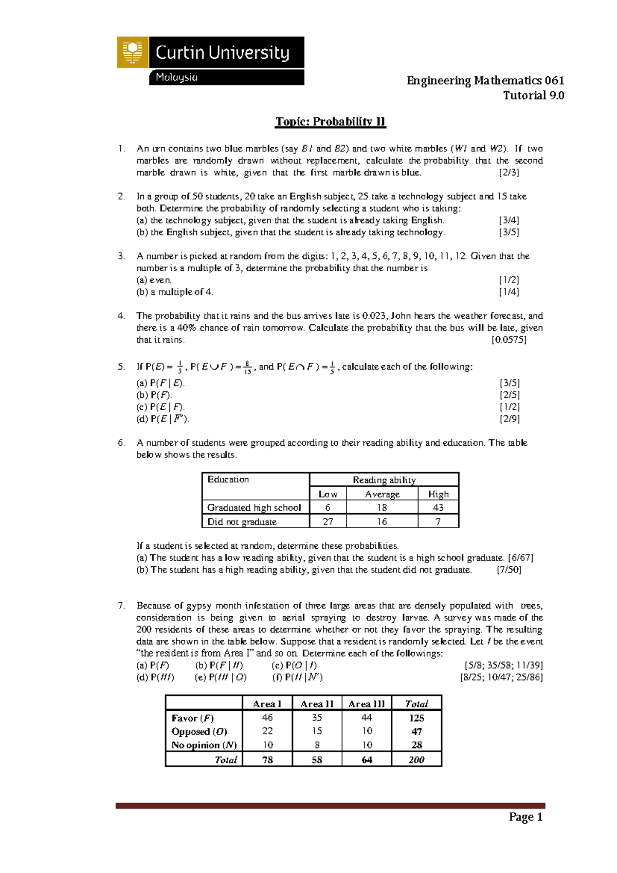 Tutorial 9.0 Probability II - Engineering Mathematics 061 Tutorial 9. Page 1 Topic: Probability ...