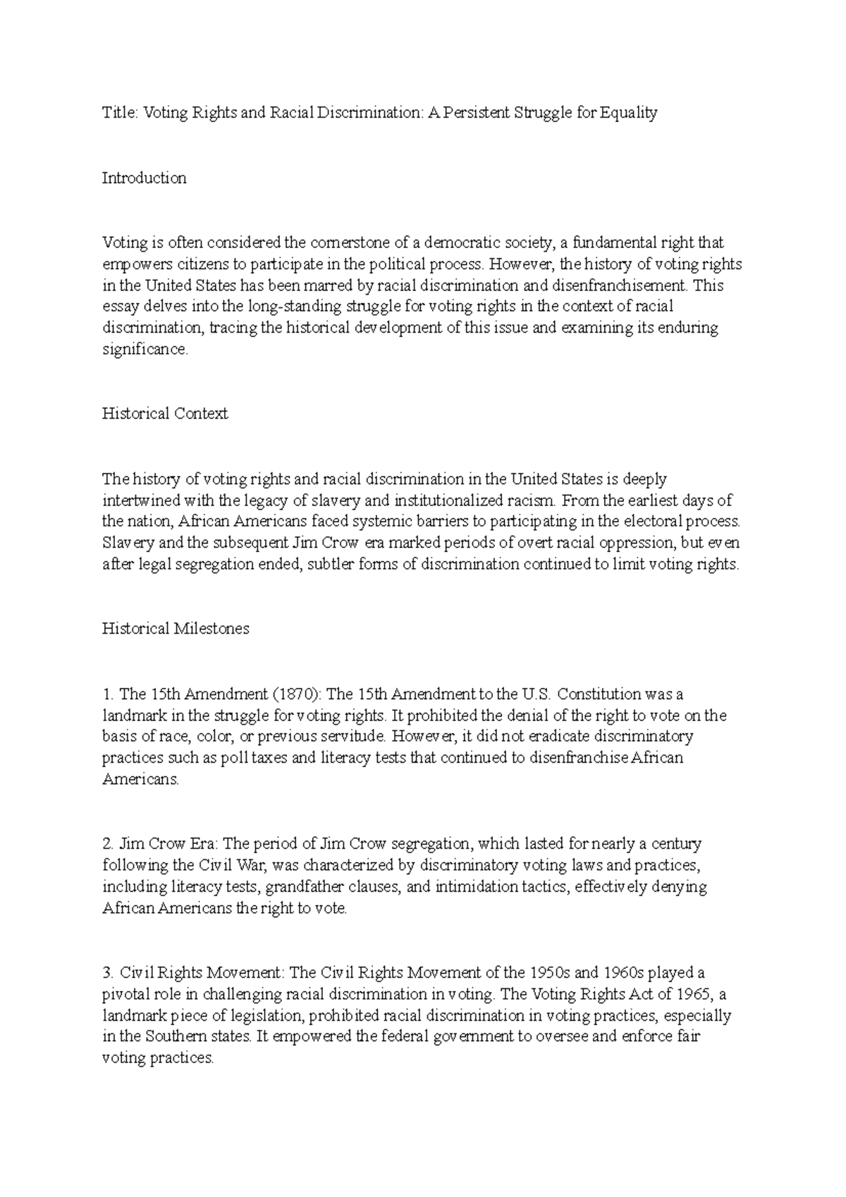 Voting rights and racial discrimination - However, the history of ...