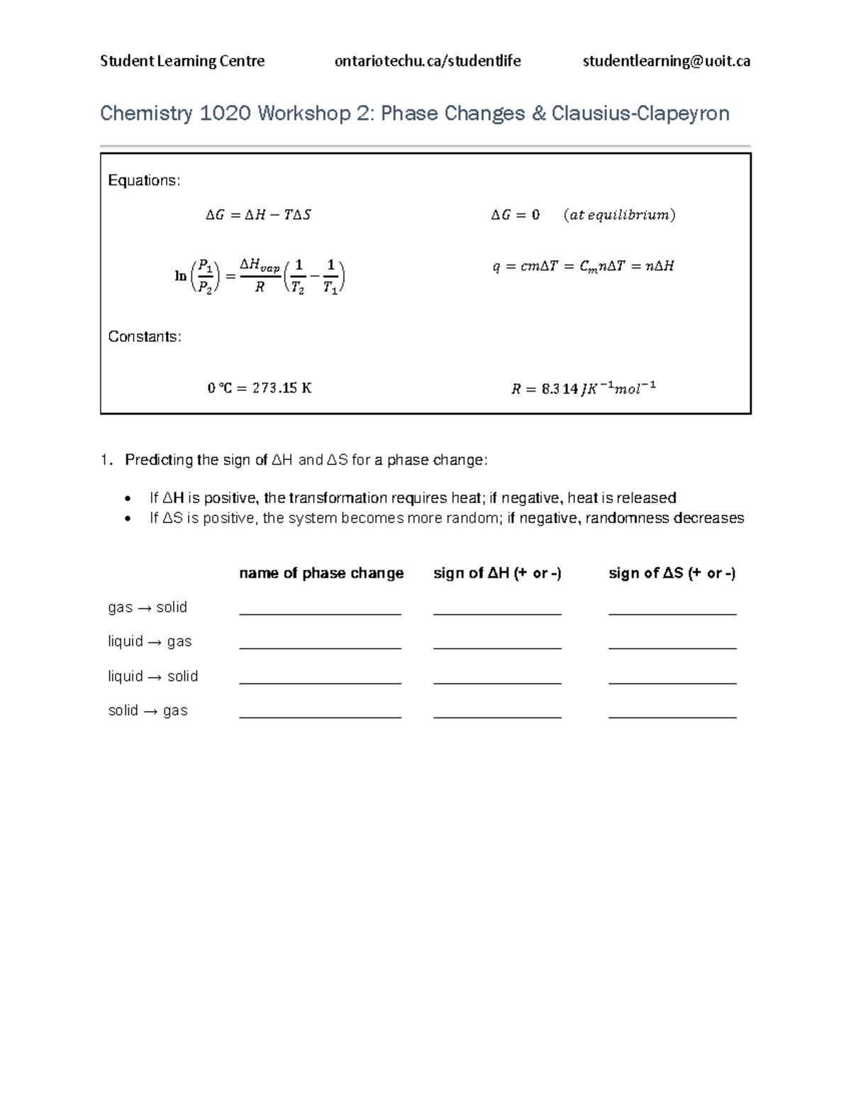 WS 2 Phase Changes - Chemistry 1020 Workshop 2: Phase Changes ...