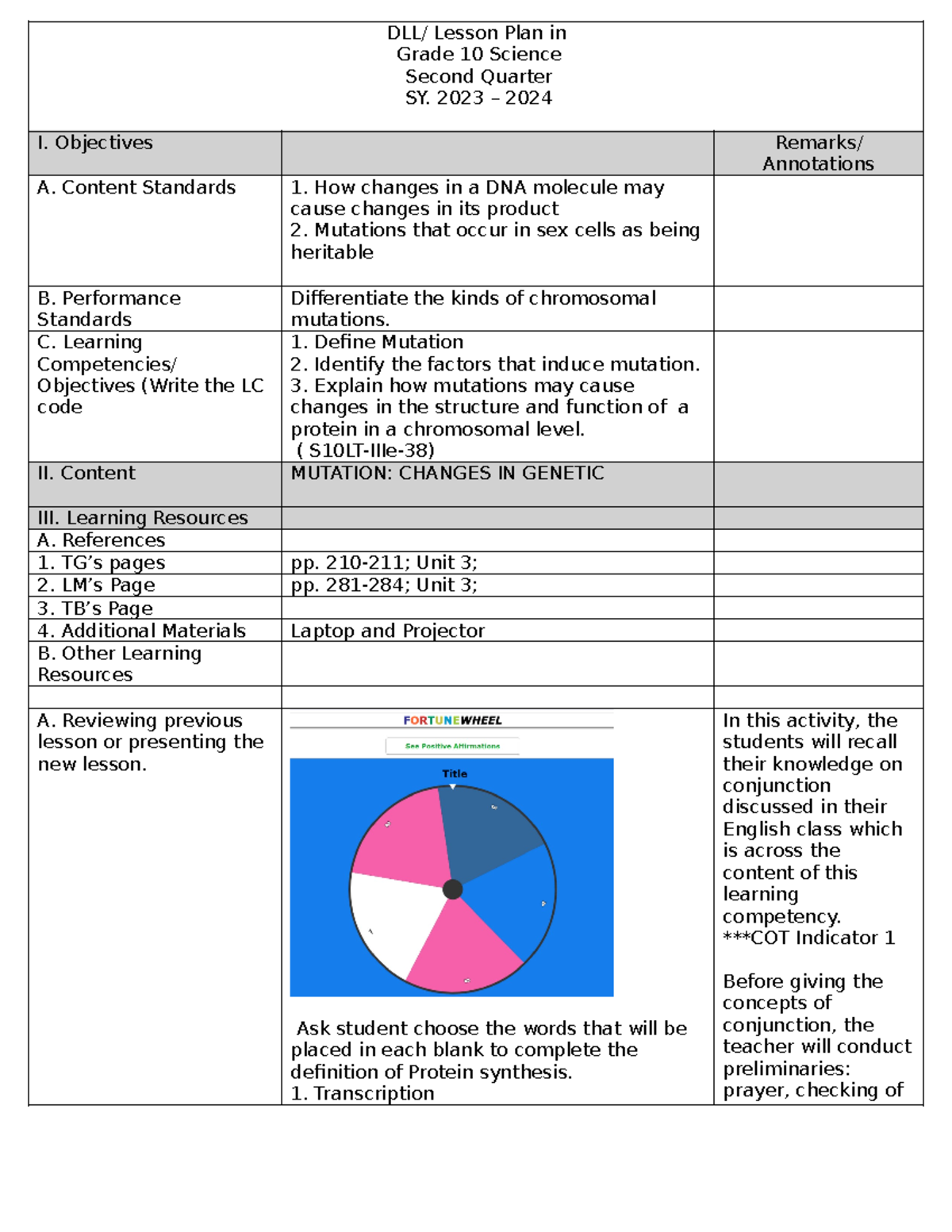 DLL cot 3 Mutation - Sample DLL for COT 3 - DLL/ Lesson Plan in Grade 10 Science Second Quarter ...
