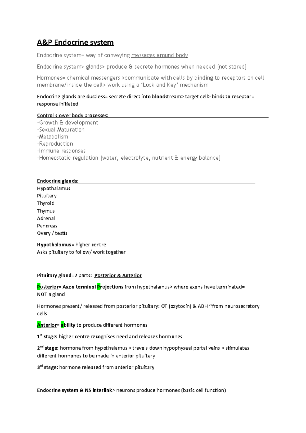 NUR4055 module notes - Endocrine system Endocrine way of conveying ...