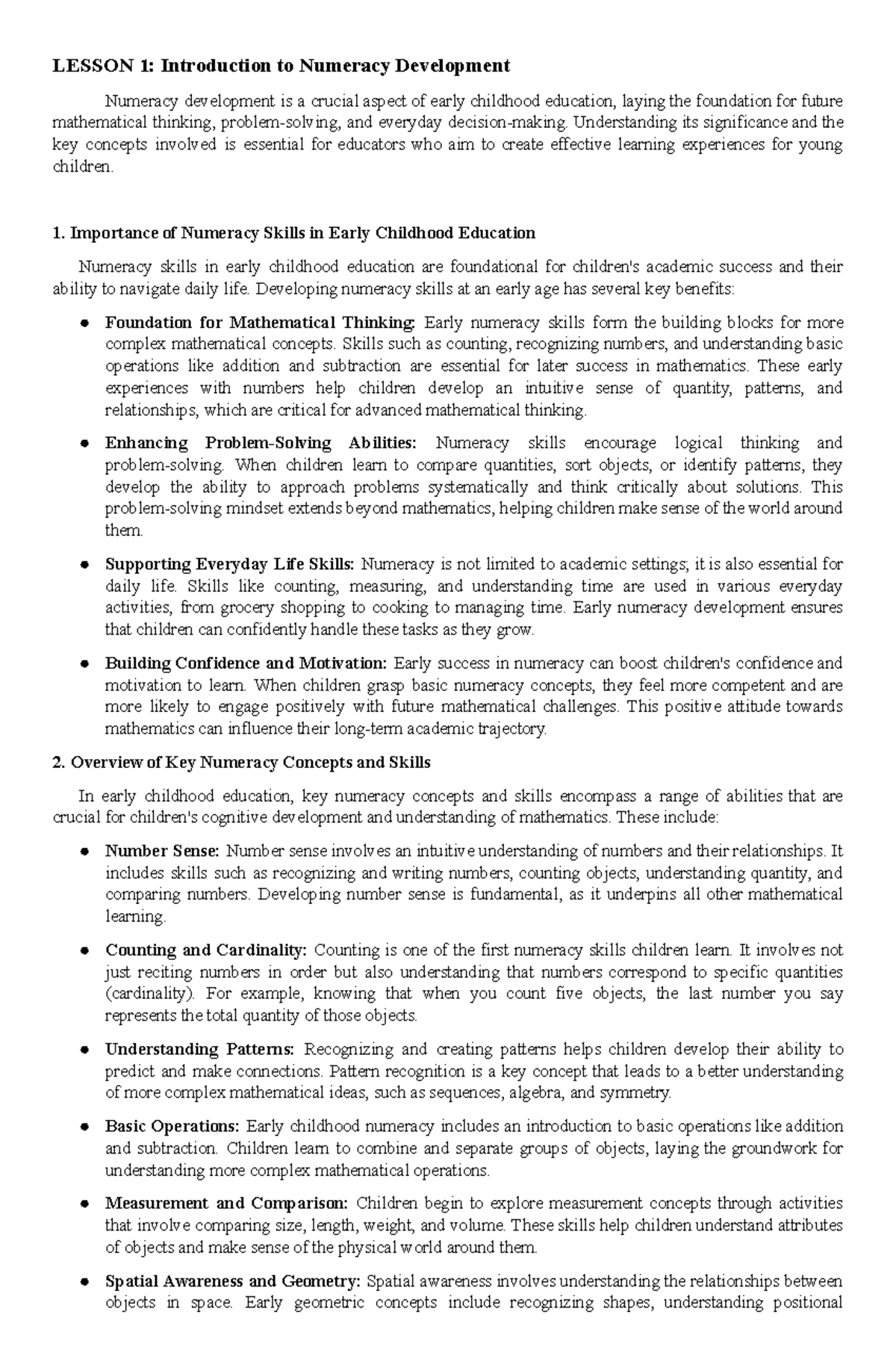 Eced 216 Lecture Notes From Numeracy Development Lesson 1 Introduction To Numeracy