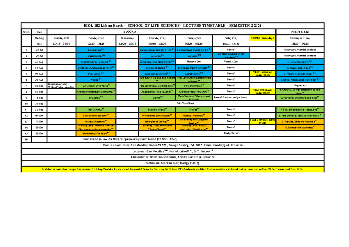 BIOL102 Timetable - Block A (9 Aug 2024) - Week Date PRACTICALS ...