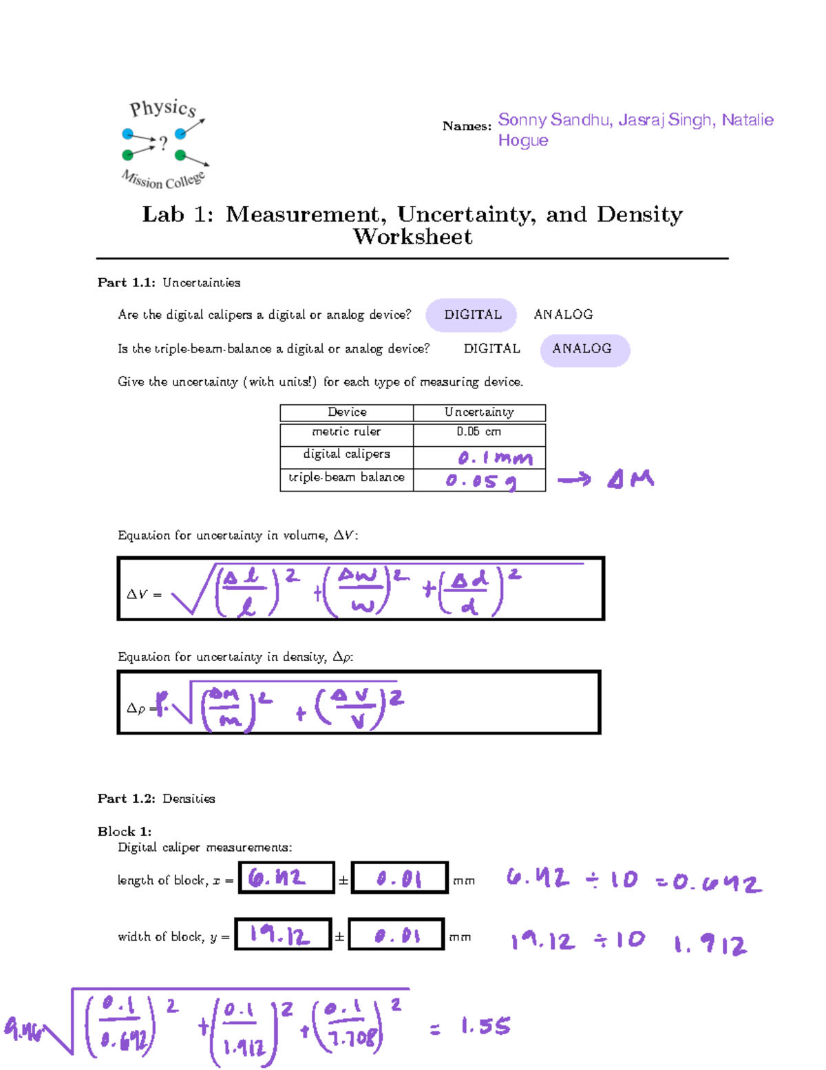 LAB 1 Group 5 - Sheridan phys 2a - Names: Lab 1: Measurement ...