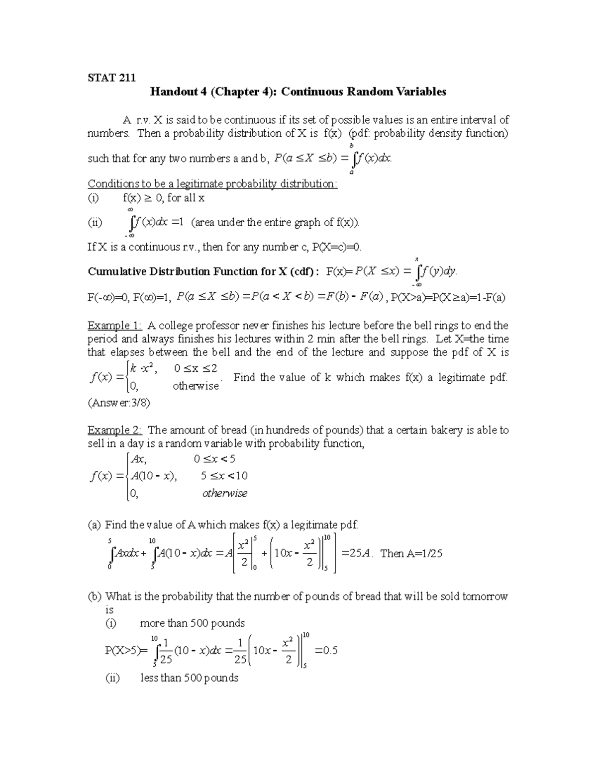 Handout 4 Teacher Amb Dahanayaka Stat 211 Handout 4 Chapter 4 Continuous Random 