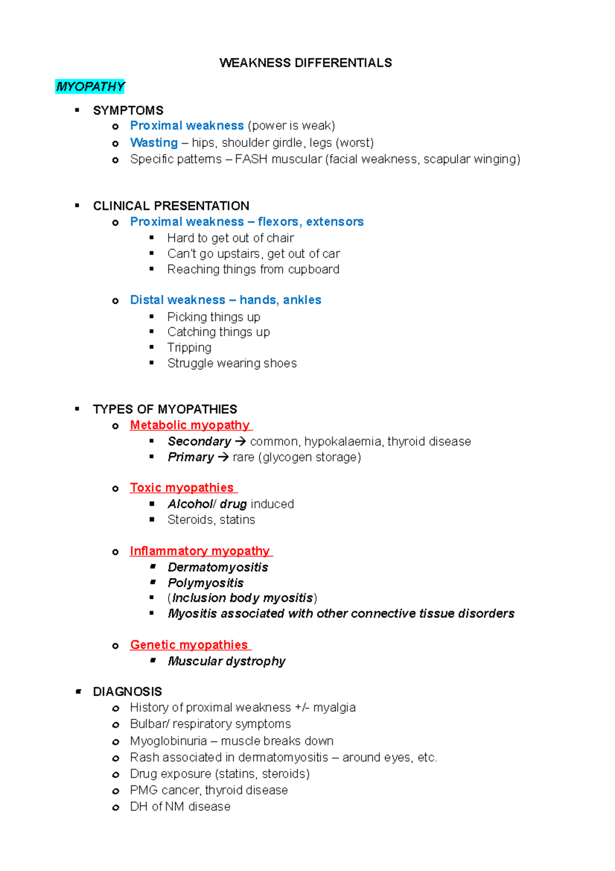 Weakness Differentialsdocx - WEAKNESS DIFFERENTIALS MYOPATHY SYMPTOMS o ...