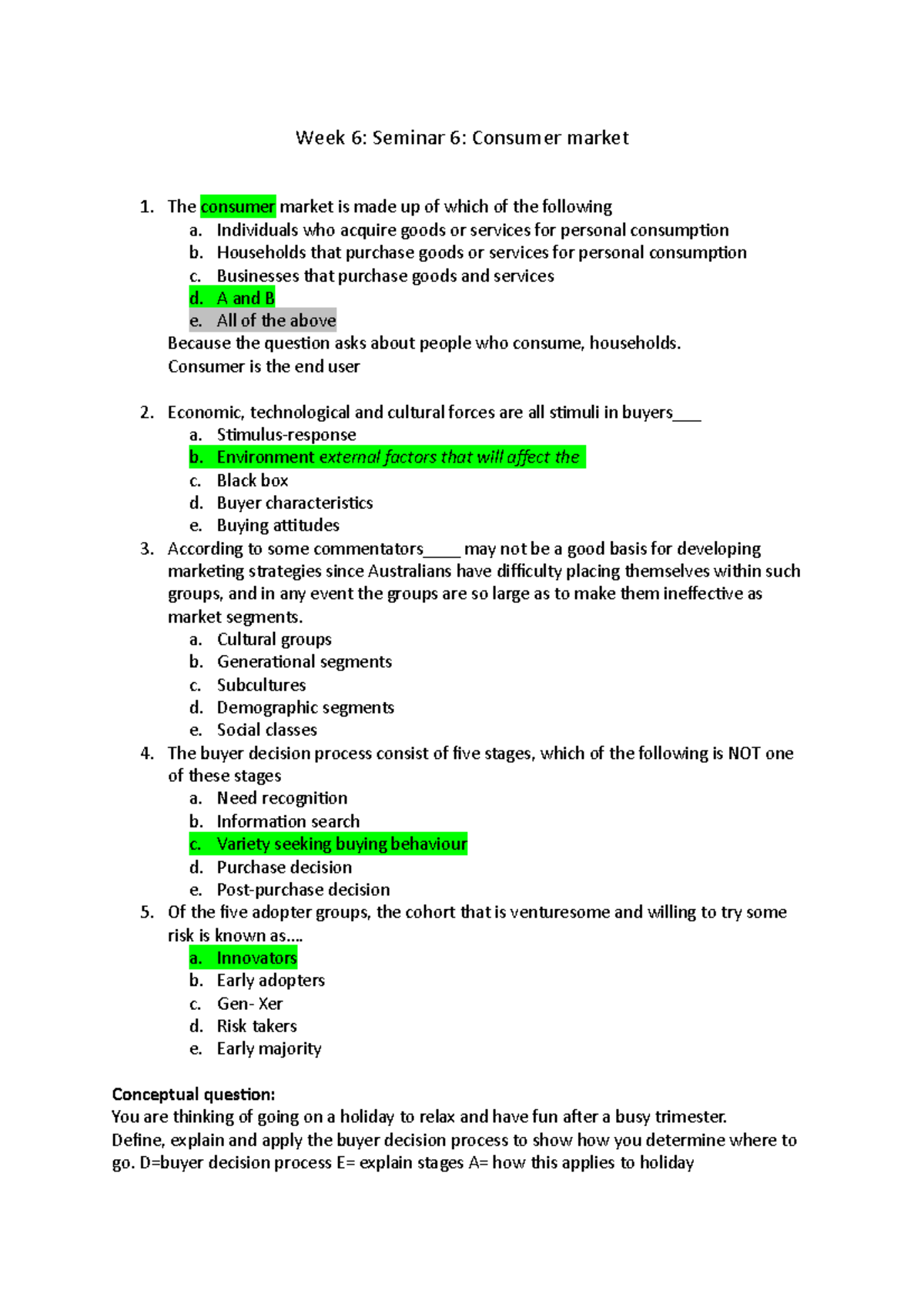 Week 6 seminar - Week 6: Seminar 6: Consumer market 1. The consumer ...