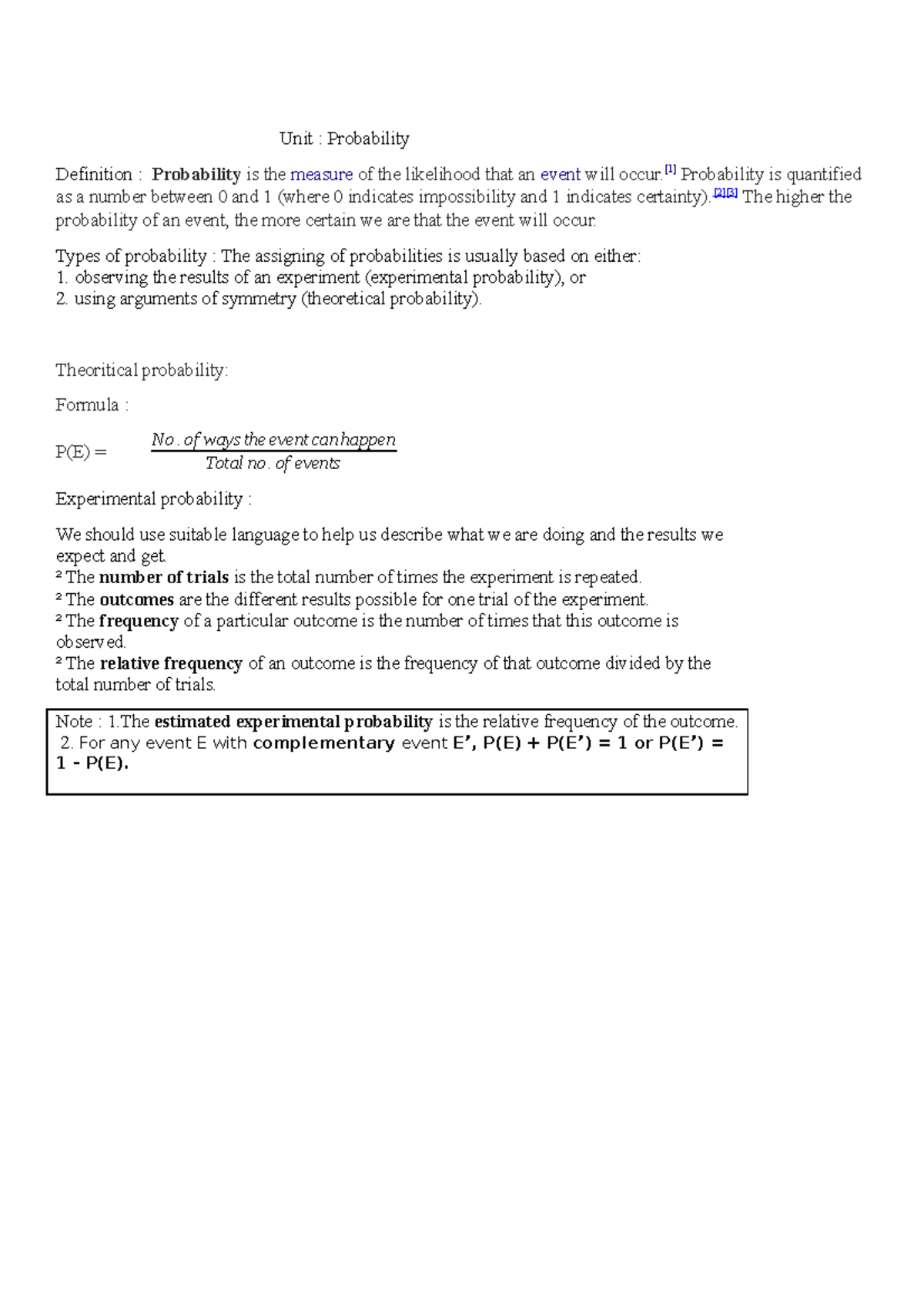 Probability - question notes - Unit : Probability Definition ...