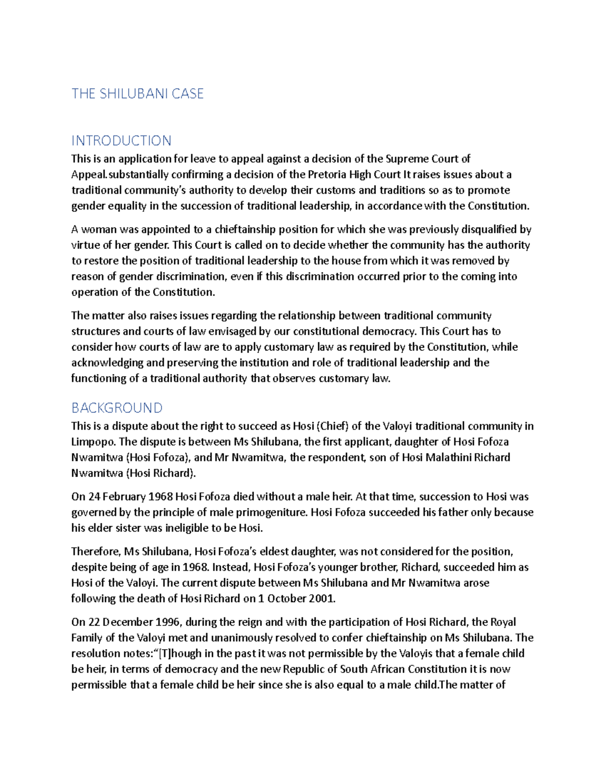 THE Shilubane CASE - mghvjhvjh - THE SHILUBANI CASE INTRODUCTION This ...