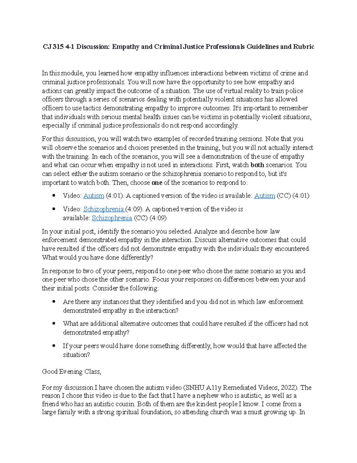 CJ 315 4-1 Discussion Empathy and Criminal Justice Professionals Guidelines and Rubric - You ...