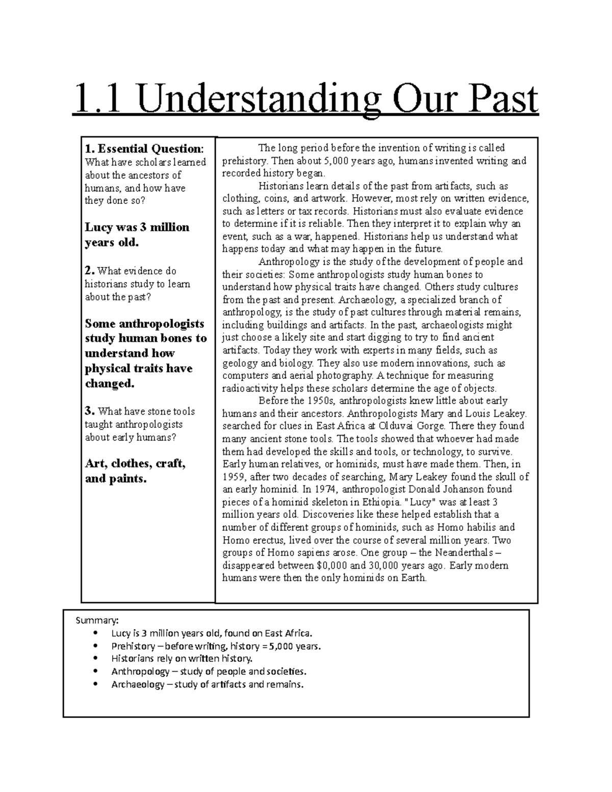 1.1 Understanding Our Past - 1 Understanding Our Past Summary: Lucy is ...