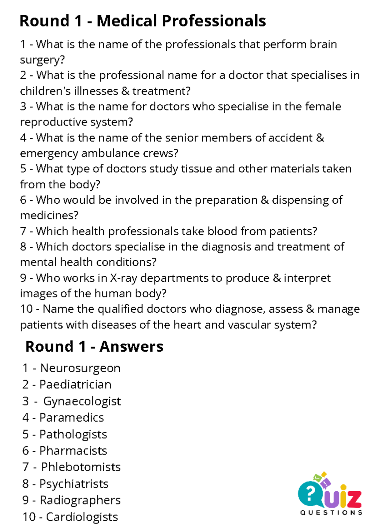 Medical-quiz - Round 1 - Medical Professionals Round 1 - Answers 1 ...