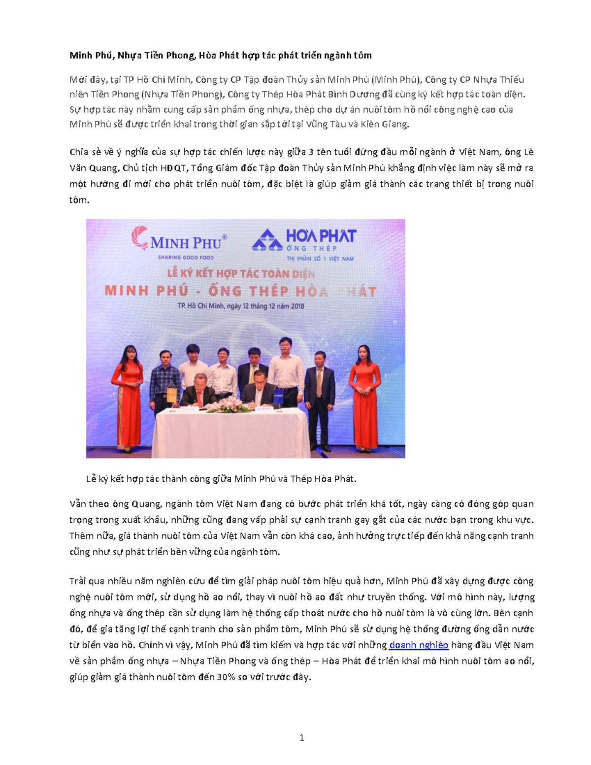 Ch1 2019 DN Minh Phu Hoa Phat Nhua Tien Phong hop tac phat trien nganh tom - 1 Minh Ph ̇, Nhựa ...